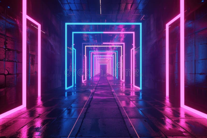 A Long Corridor Lit by Neon Signs and Lights Stock Image - Image of ...