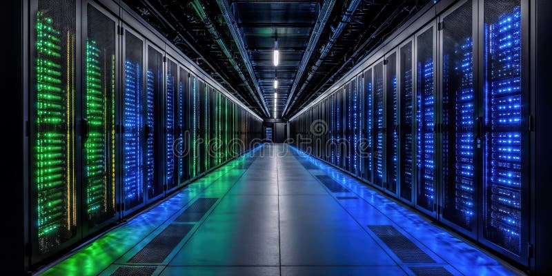 A Long Corridor with Many Computer Servers Illuminated in Different ...