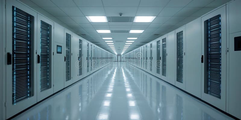 A Long Corridor with Many Computer Servers. the Servers are White and ...