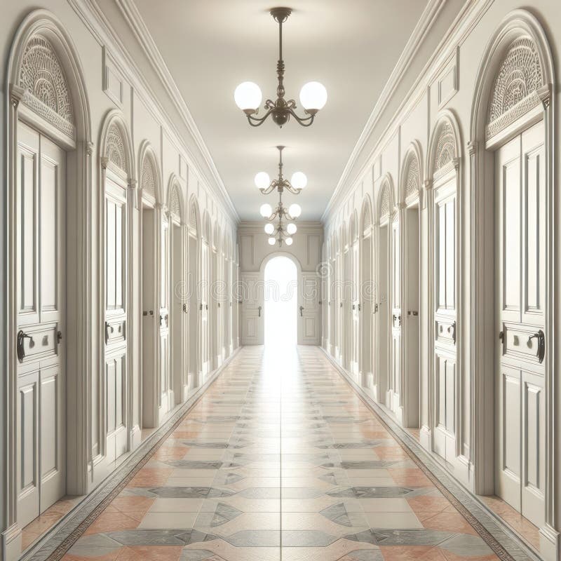 A Long Corridor with Many Doors. Stock Photo - Image of interior ...