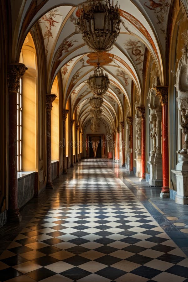 Empty Long Corridor of a Medieval Castle Stock Illustration ...