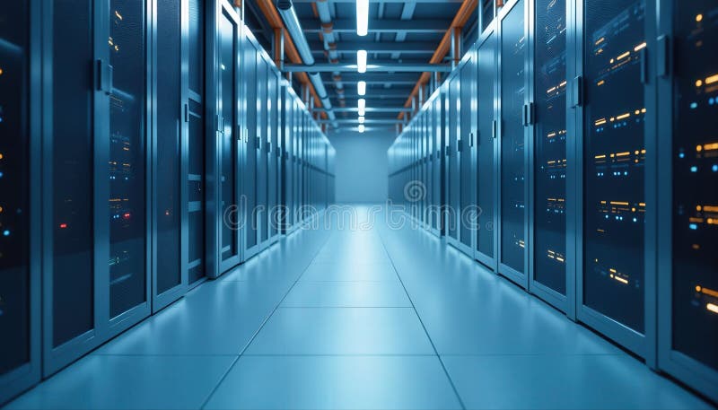 Long Corridor in a Modern Data Center Filled with Server Racks and ...