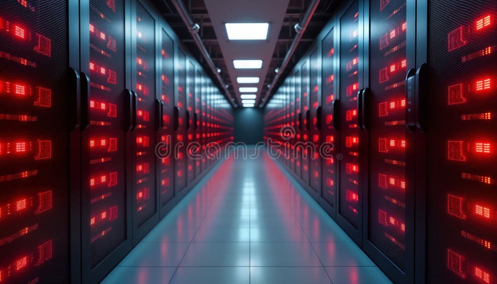Long Corridor in Modern Data Center. Rows of Servers with Red LED ...