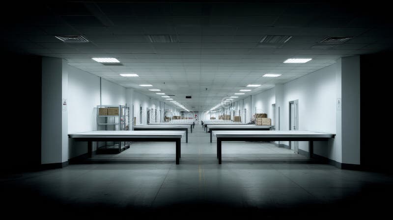 Long Corridor of a Modern Warehouse Dispatch Center with Working Tables ...