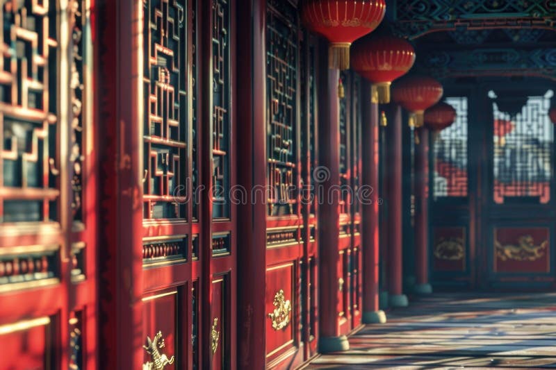 A Long Corridor with Red Doors and Lanterns. Suitable for Interior ...