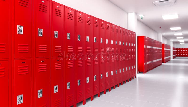 Long Corridor with Red Lockers in School Building Stock Illustration ...
