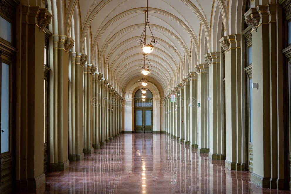 Long Corridor with Red Marble Reflective Floor Stock Image - Image of ...