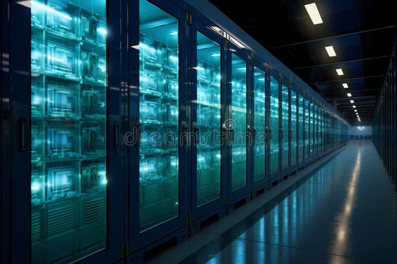Futuristic Server Rack Rows in Modern Data Center with Blue Lights ...