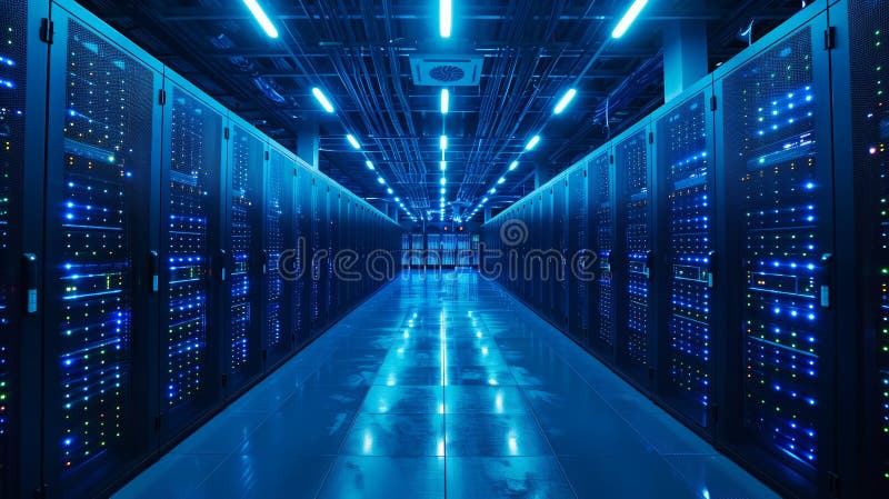 A Long Corridor of Server Racks in a Data Center, Illuminated by Bright ...