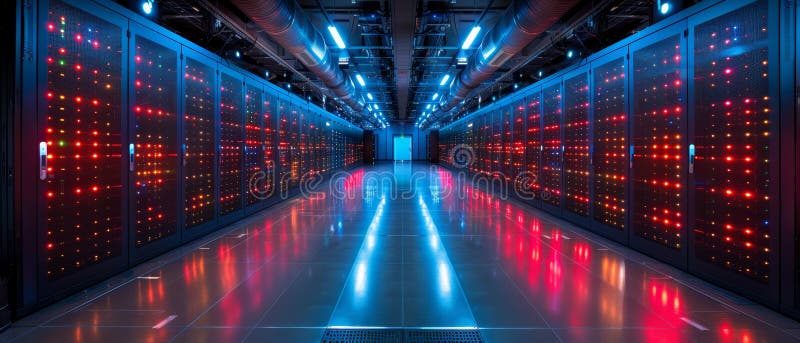 A Long Corridor of Server Racks with Glowing Lights Stock Illustration ...
