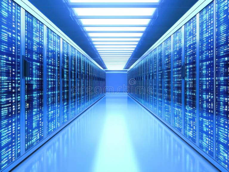 A Long Corridor of Server Racks Glows with Blue Light in a Modern Data ...