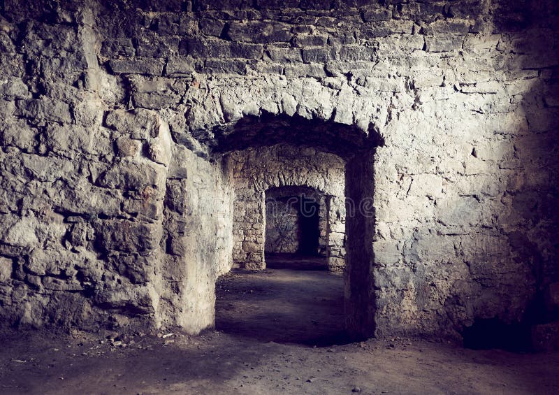Ancient Stone Basement with Arches. the Sun Breaks through Window ...