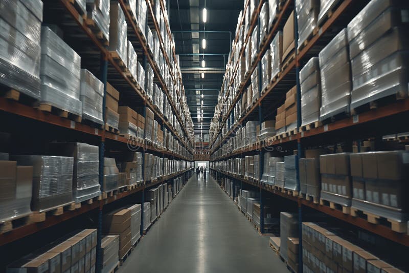 Warehouse Aisle Perspective with Workers Stock Image - Image of ...
