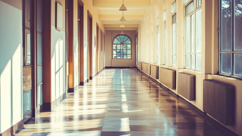 Long Corridor with Sunlight. School Hallway Interior Stock Illustration ...