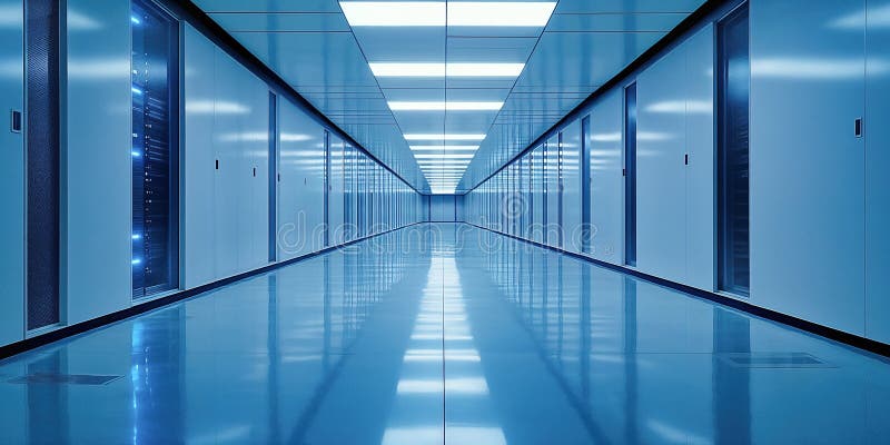A Long Corridor with Walls from Inside a Data Center with Servers on ...