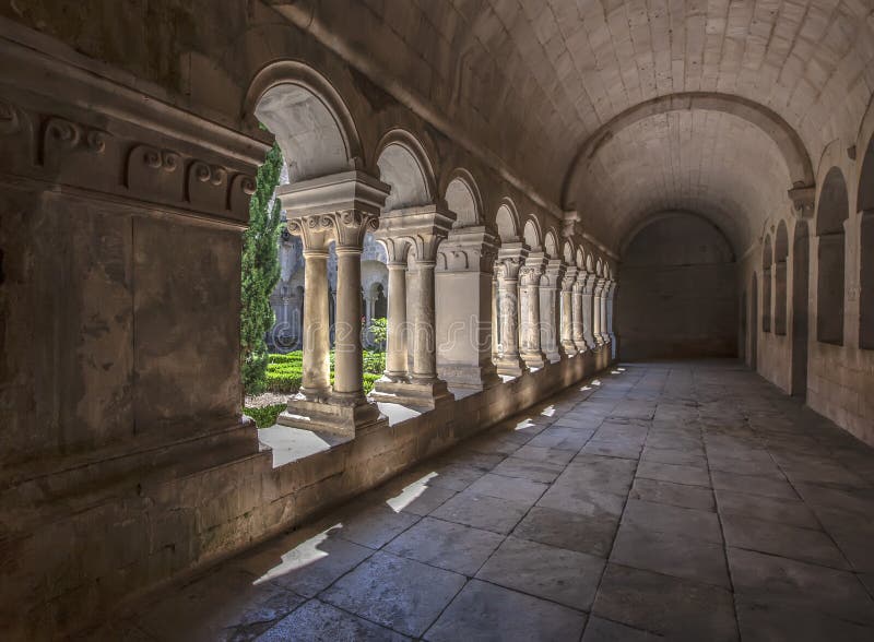 Long Corridor with White Antique Columns Illuminated by Sunlight Stock ...