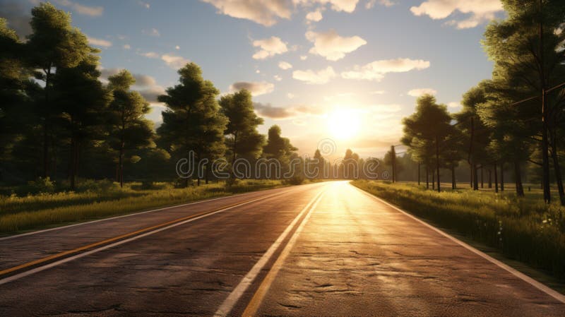 Long Country Road in Cool Light and Reflecting Sunlight. Generative AI ...