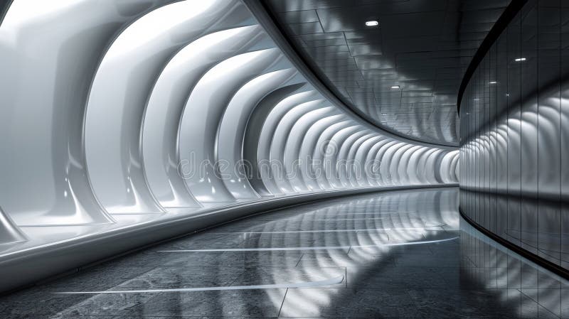 A Long Curved Hallway with a Mirror on the Wall, AI Stock Illustration ...