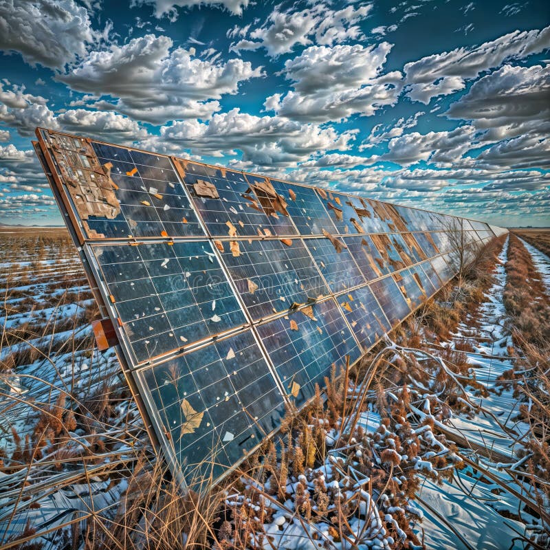 Solar Panel Graveyard: Broken Panels in Wild Grass Under Dramatic Sky ...