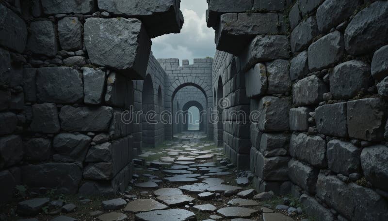 Ancient Stone Fortress Corridor with Arches and Desolate Path Stock ...