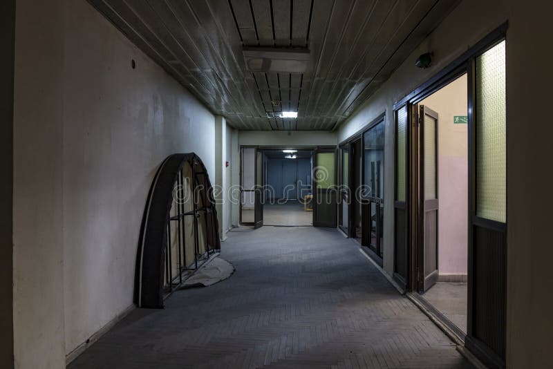Long Dark Corridor in an Old Factory Building Stock Image - Image of ...