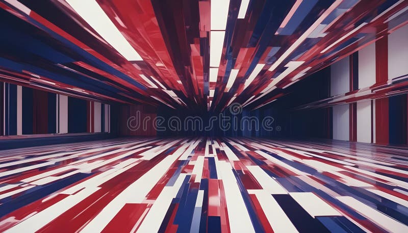 A Long, Dark Corridor with Red, White, and Blue Geometric Lines ...
