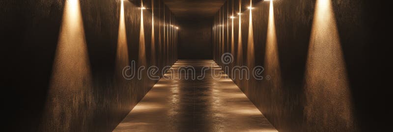 A Long Dark Corridor with Spotlights Casting a Dramatic and Eerie Glow ...