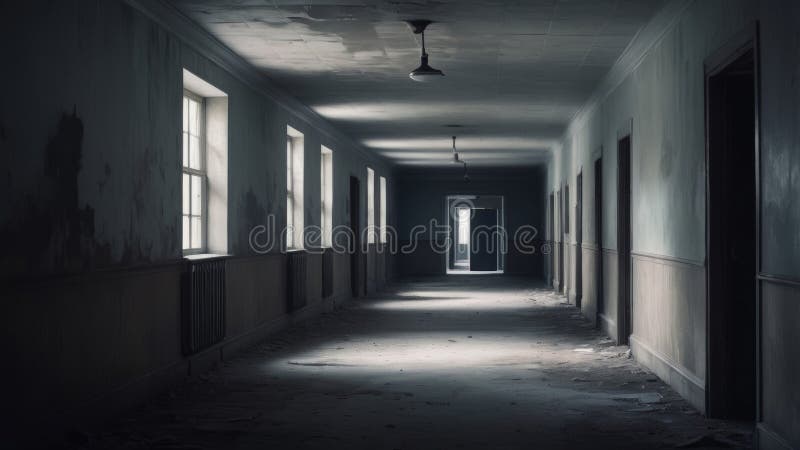 A Long Dark Hallway in an Abandoned Building with Light Streaming in ...