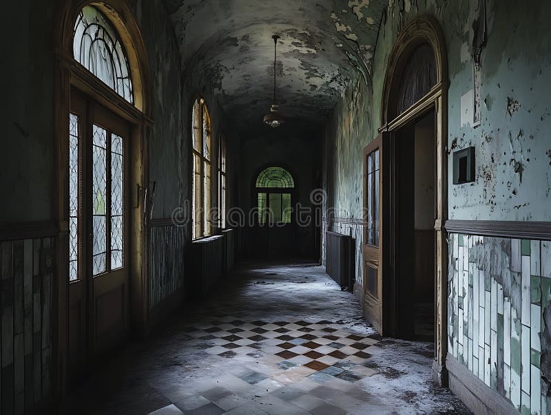 A Long, Dark Hallway in an Abandoned Building with Peeling Paint and ...