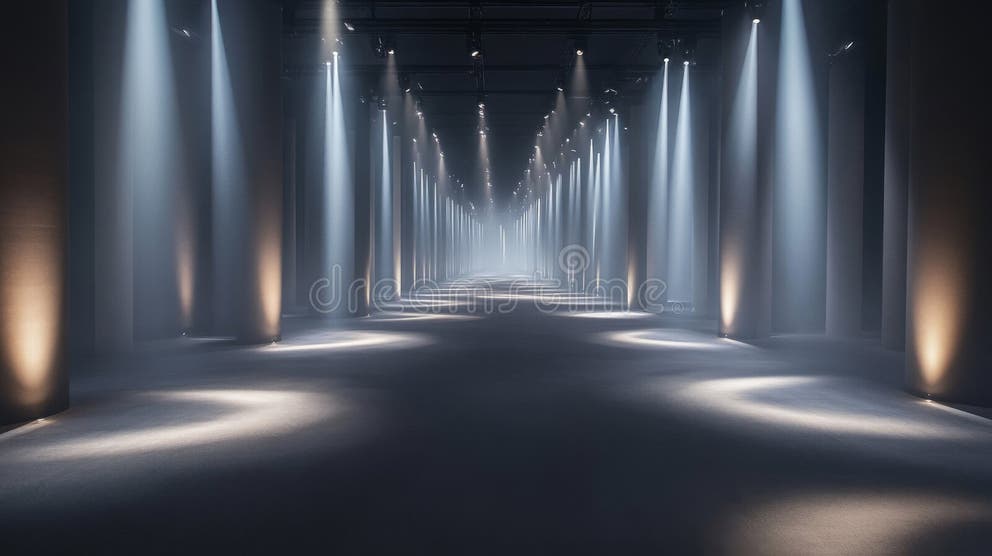 Long Dark Hallway with Dramatic Lighting and Concrete Columns Stock ...