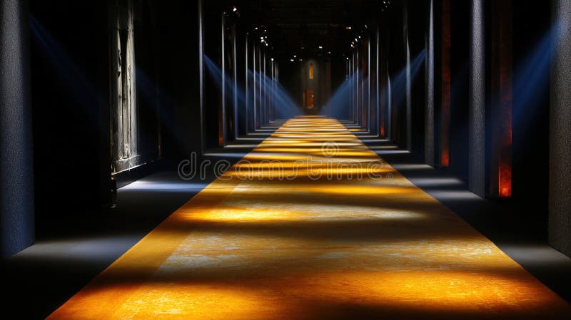 Long Dark Hallway with Golden Runway Stock Illustration - Illustration ...