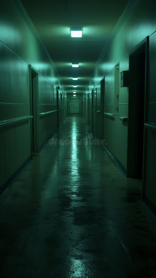 A Long Dark Hallway with Green Lights on the Ceiling Stock Photo ...