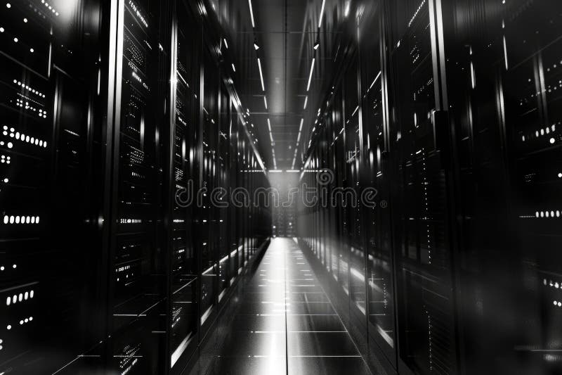 A Long, Dark Hallway with Many Rows of Computers Stock Image - Image of ...