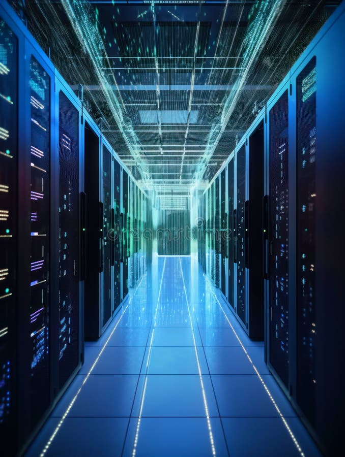 Long Data Center Server Room. Computing Facility for Information ...