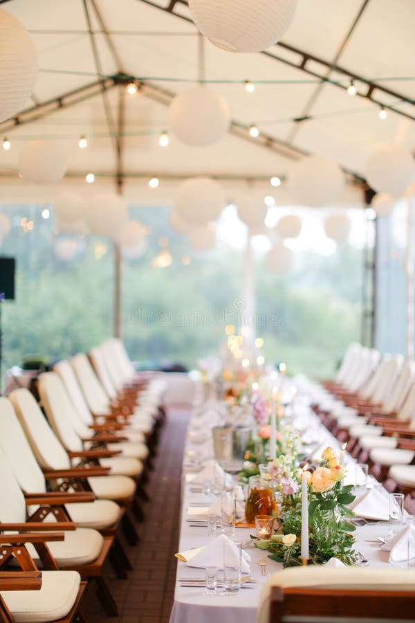 Long Decorated and Served Table for Banquet. Stock Image - Image of ...