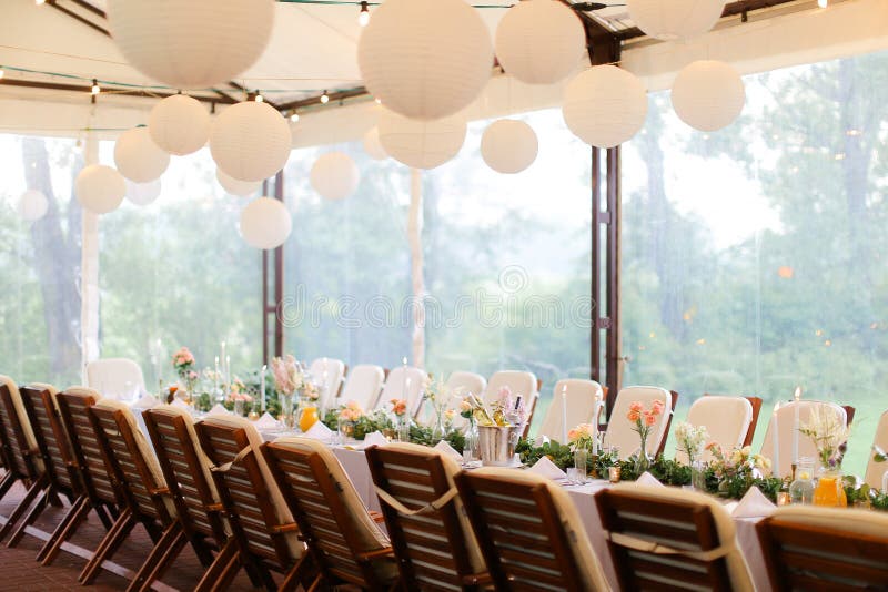 Long Decorated and Served Table for Banquet at Restaurant. Stock Photo ...