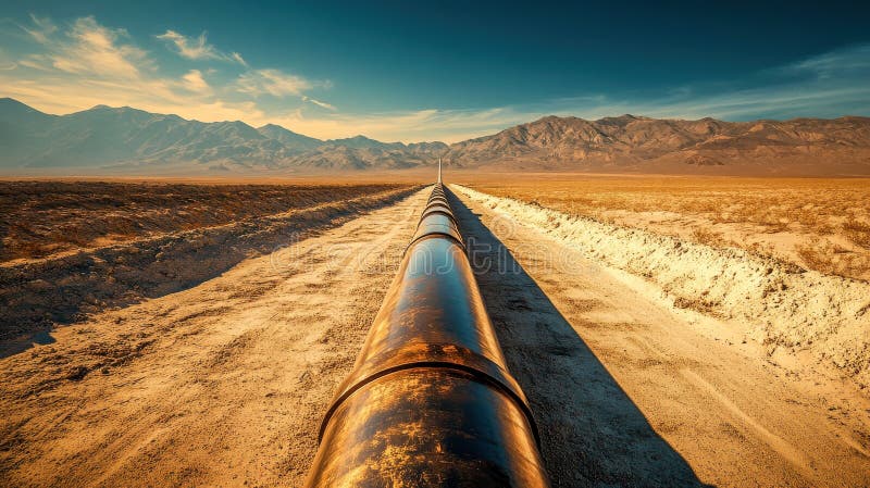 Long Desert Pipeline Stretching Towards Distant Mountains Under Clear ...