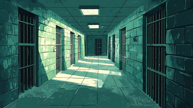 A Long Dimly Lit Prison Corridor with Barred Cell Doors Suggesting ...