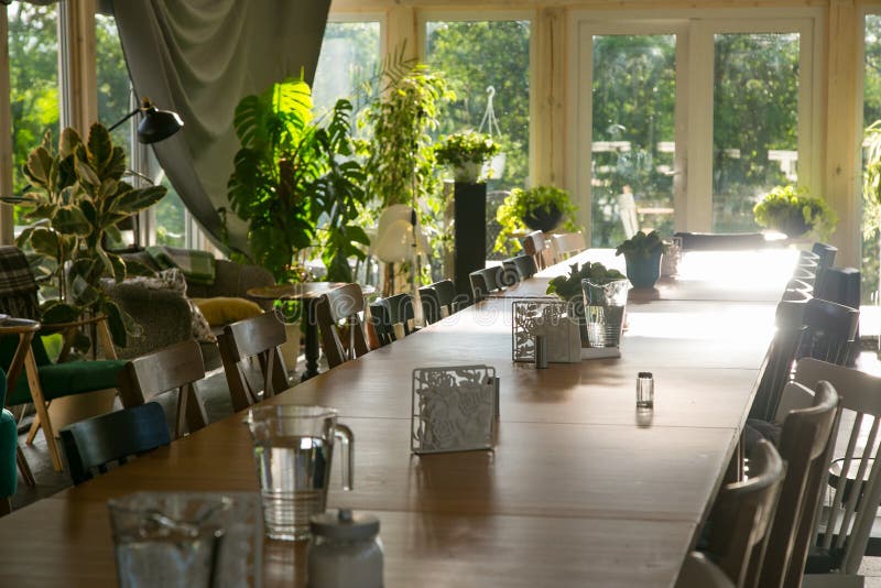 Long Dining Table with Appliances Stock Image - Image of interior ...