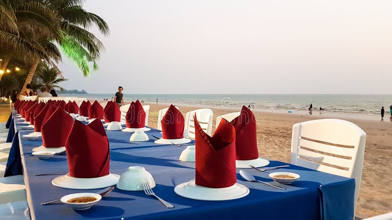 Long Dinner Table and Chair on the Sand Beach Stock Photo - Image of ...
