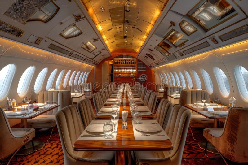 Long Dinner Table Set Inside of Airplane Cabin for Fine Dining ...