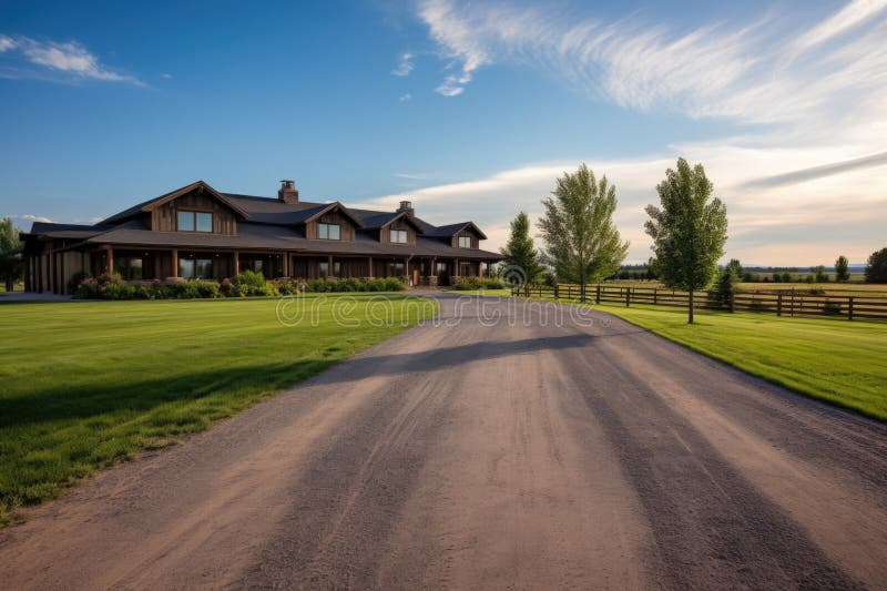 Long Driveway Leading To a Ranch with Oversized Windows Stock ...