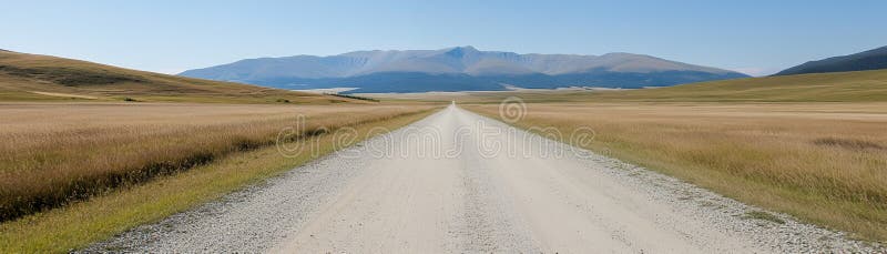 A Long Dusty Road Winds through a Grassy Plain Towards a Distant ...