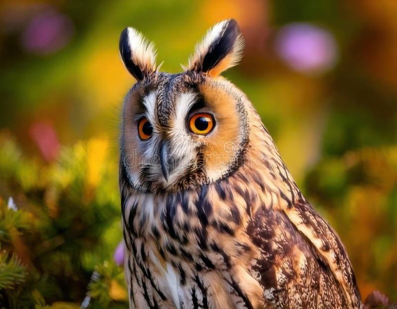 Long-Eared Forest Owl Observing with Curiosity in a Colorful Nature ...