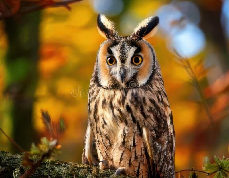Long-Eared Forest Owl Observing with Curiosity in a Colorful Nature ...