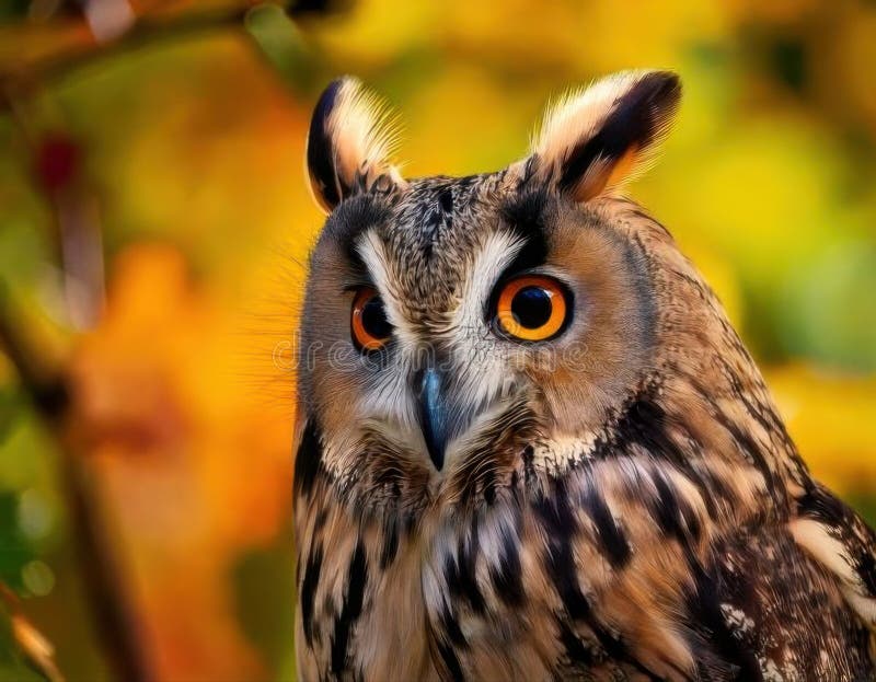 Long-Eared Forest Owl Observing with Curiosity in a Colorful Nature ...