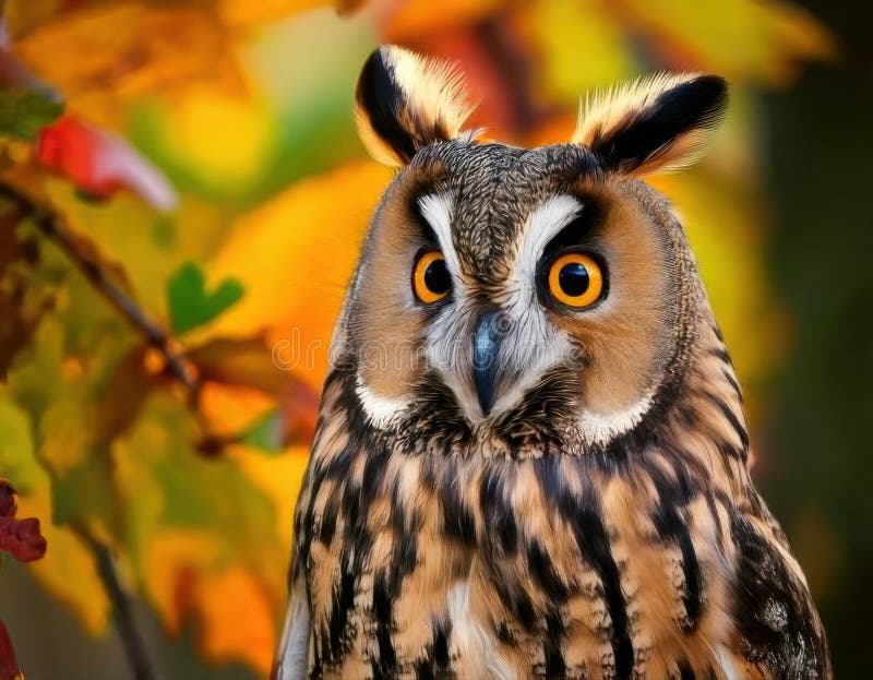 Long-Eared Forest Owl Observing with Curiosity in a Colorful Nature ...