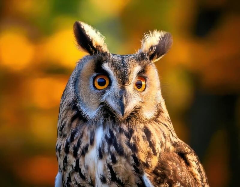 Long-Eared Forest Owl Observing with Curiosity in a Colorful Nature ...