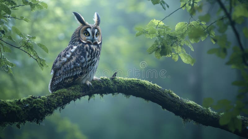 Long-eared Owl Perched on Moss-covered Branch in Misty Forest Stock ...