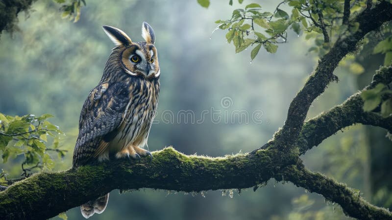 Long-eared Owl Perched on Mossy Branch in Misty Forest Setting Stock ...